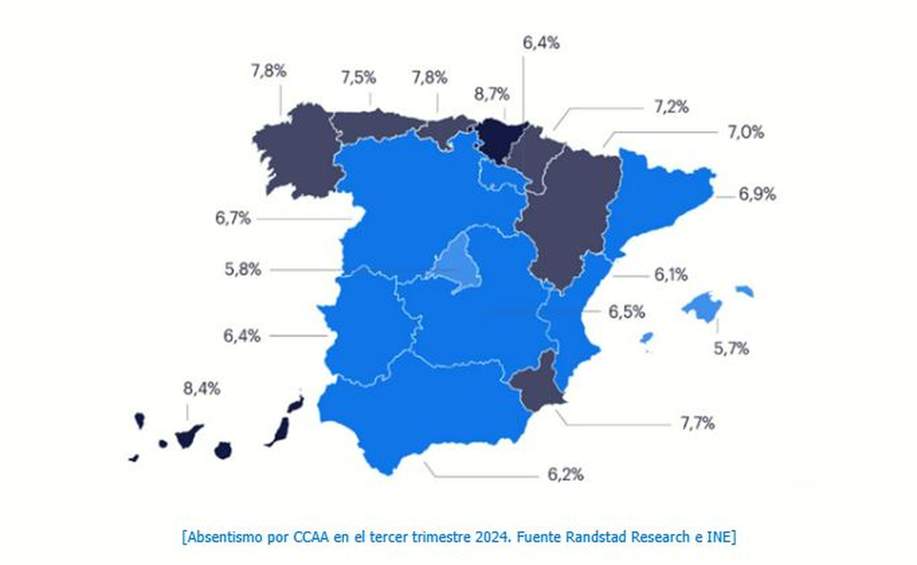 Este mapa muestra las comunidades autónomas con más y menos absentismo laboral